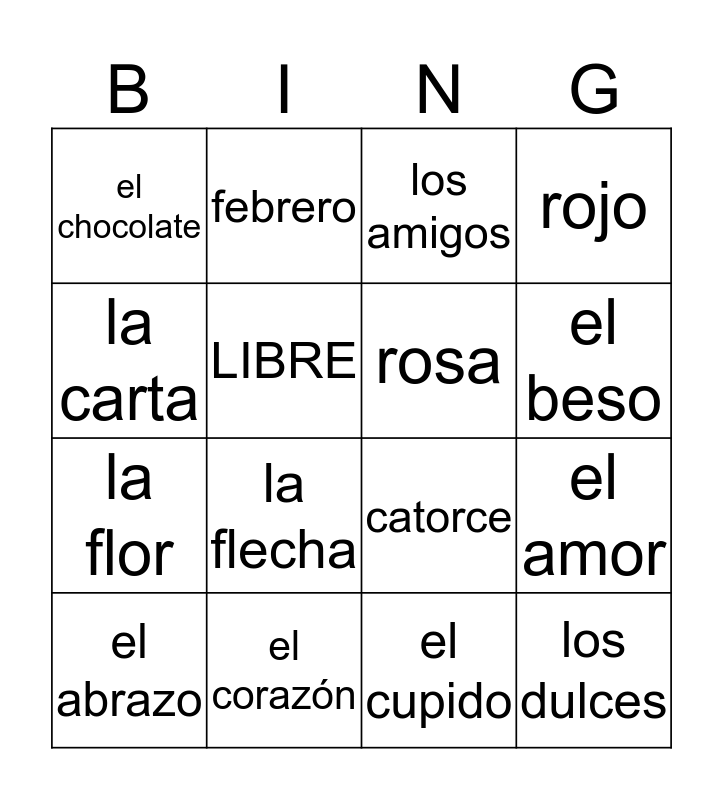 Día de San Valentín Bingo Card