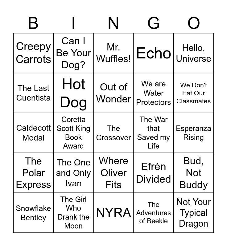 Book Award Winner Bingo Card