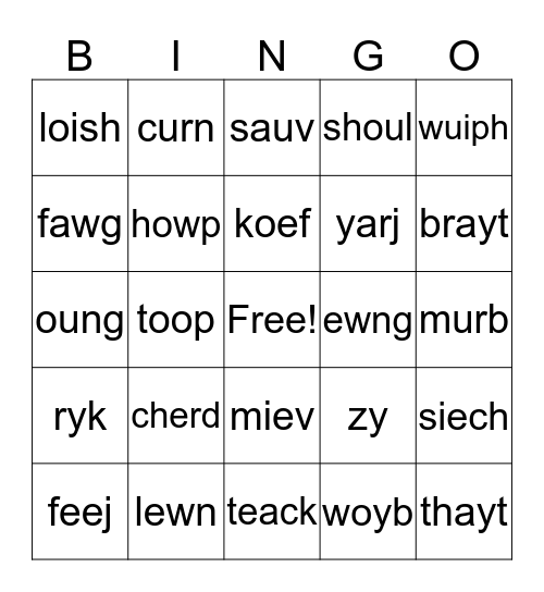 Non- Word Bingo Card