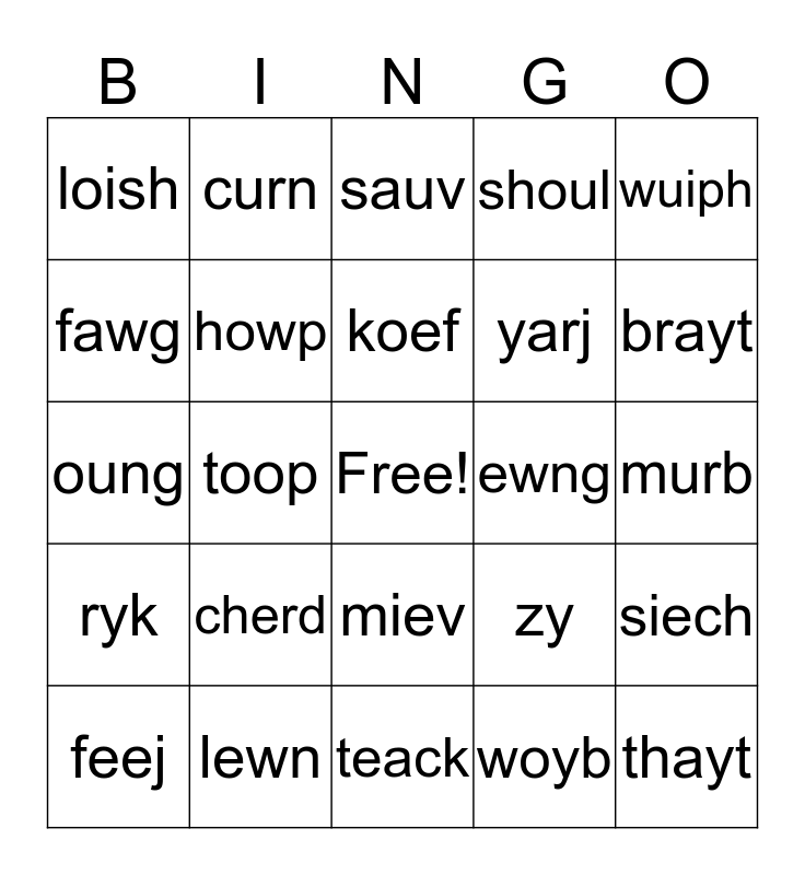 Non- Word Bingo Card