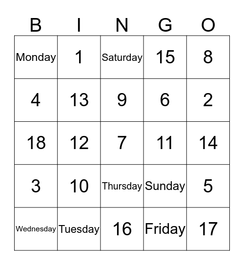 Days of the Week! Bingo Card