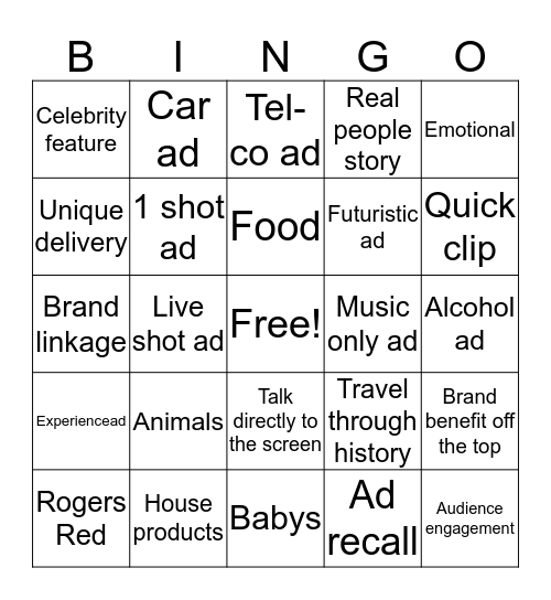 SuperBowl Ad Analysis Bingo Card