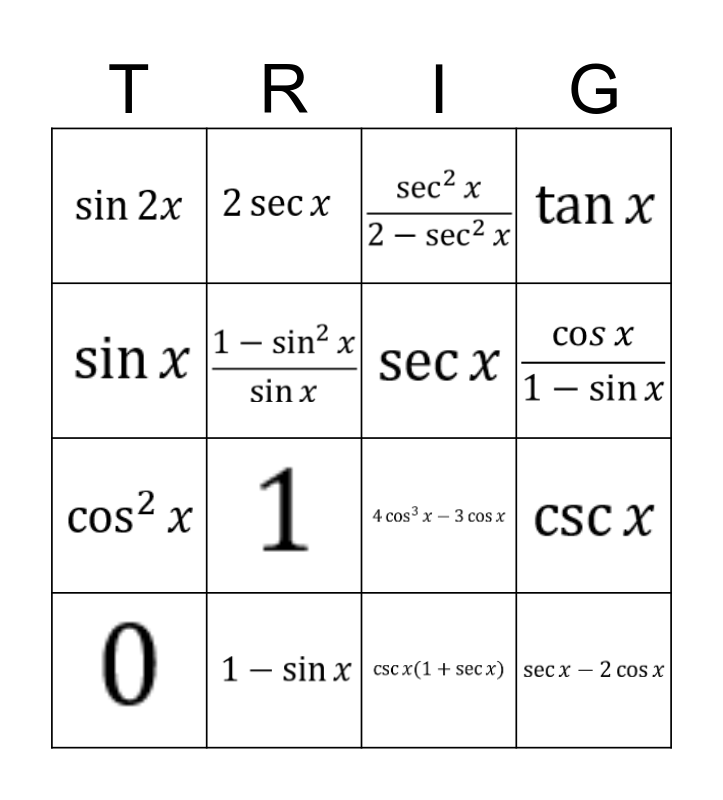 Trig Identity Bingo (Game 2) Bingo Card