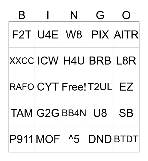 TEXT Bingo Card