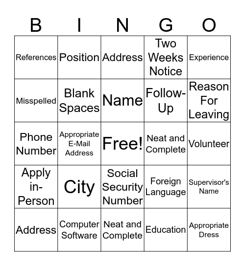 Job Application BINGO Card