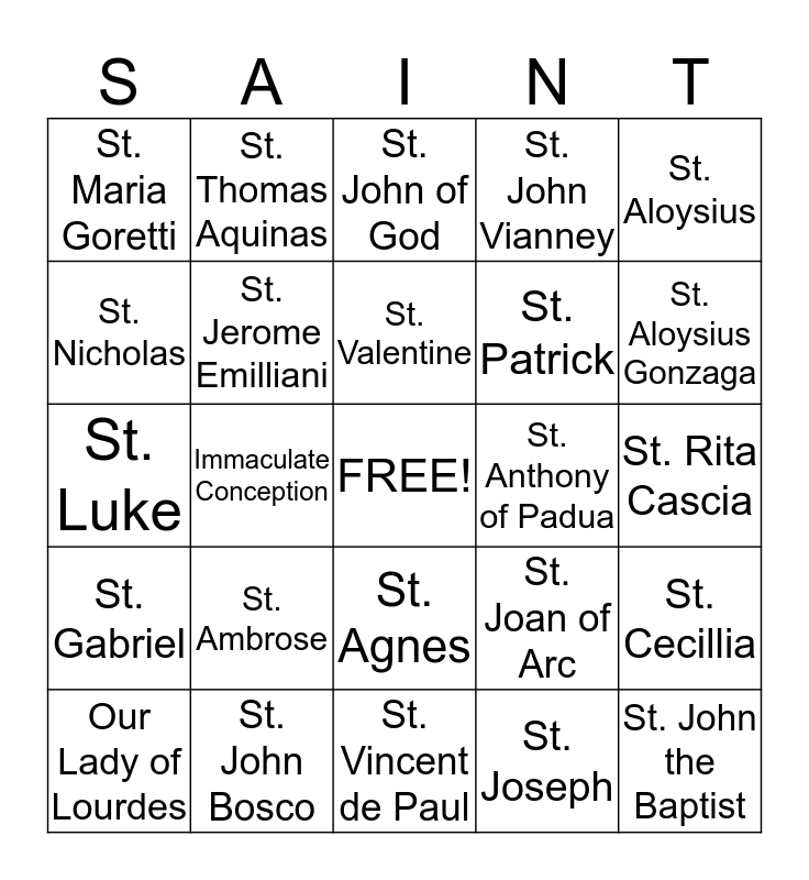 Saints Bingo Card