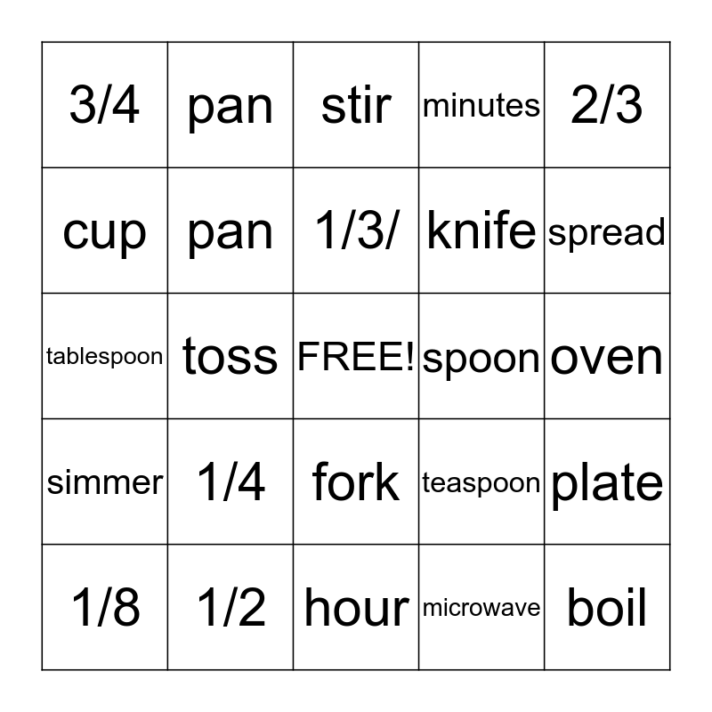 Cooking Terms Bingo Card