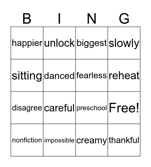 Words with Prefixes and Suffixes Bingo Card
