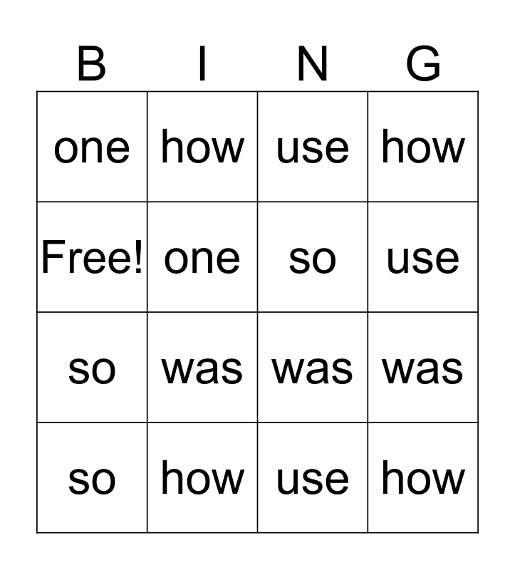 Fry Word Bingo Card
