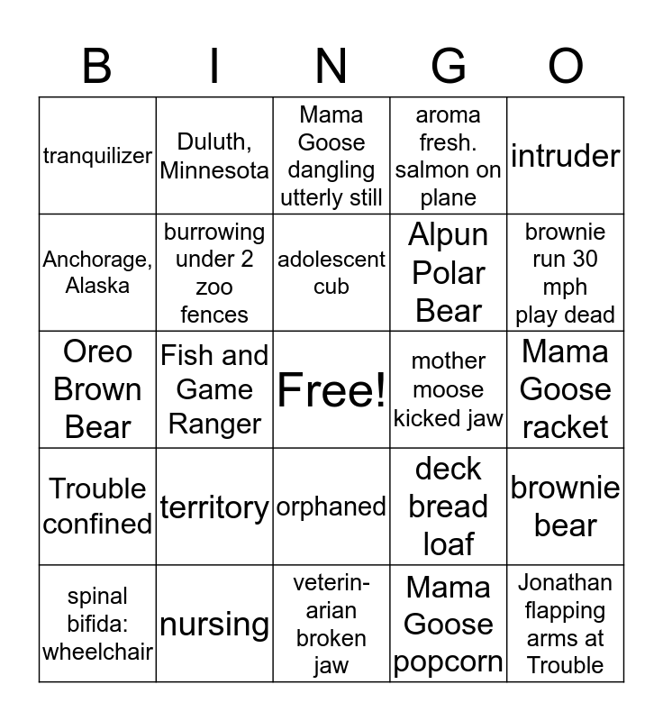 A Bear Named Trouble Bingo Card