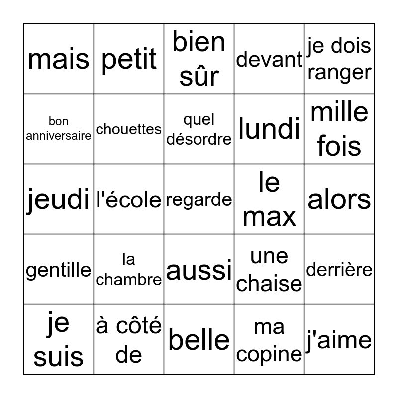 vocabulaire 1B2 Bingo Card