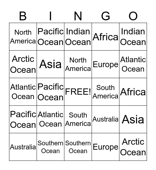 Continents and Oceans Bingo Card