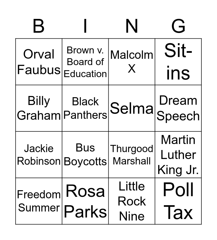 Civil Rights Bingo Bingo Card