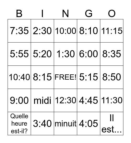 L'heure Bingo Card