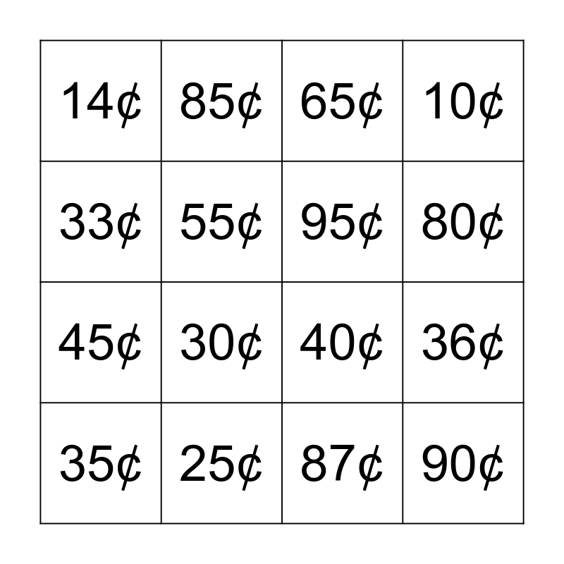 Money Bingo Card