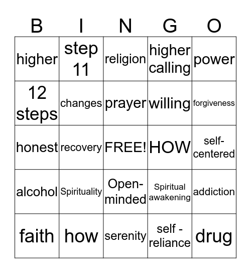 Spirituality and the 12 Steps Bingo Card