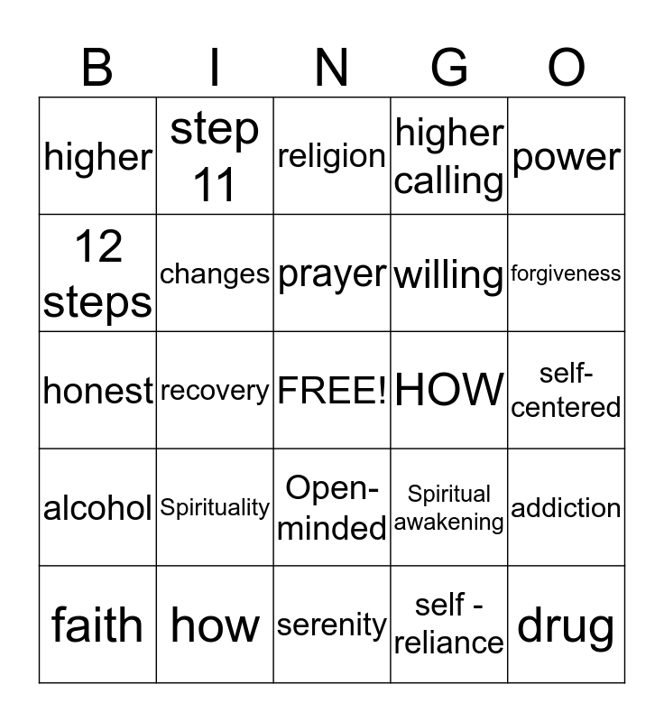 Spirituality and the 12 Steps Bingo Card