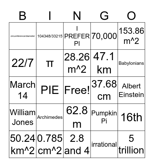 Pi Day Bingo Card