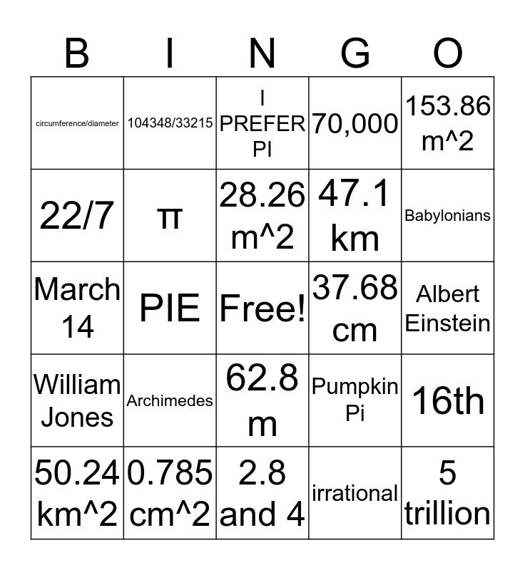 Pi Day Bingo Card