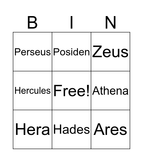 Greek Gods Bingo Card