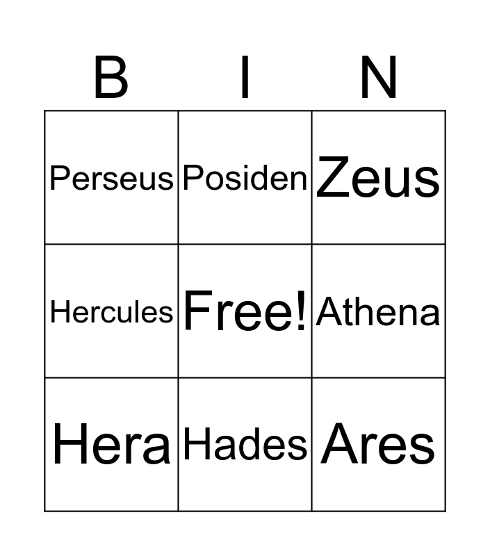 Greek Gods Bingo Card