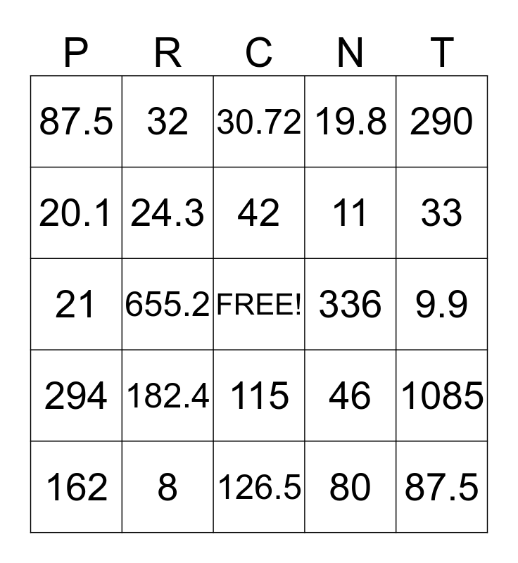Percent of a Number Bingo Card