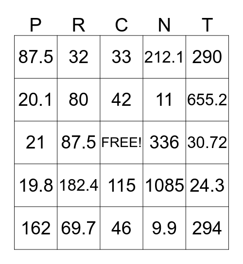 Percent of a Number Bingo Card