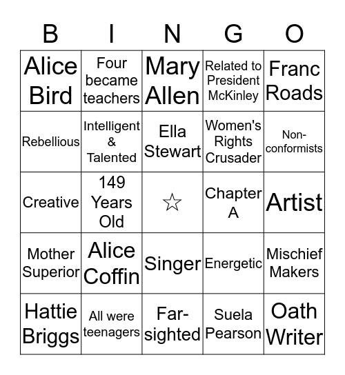 P.E.O. FOUNDERS BINGO Card