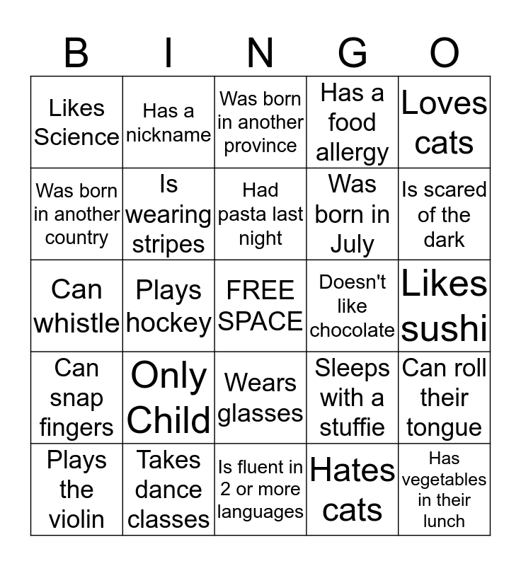Get to know your class! Bingo Card