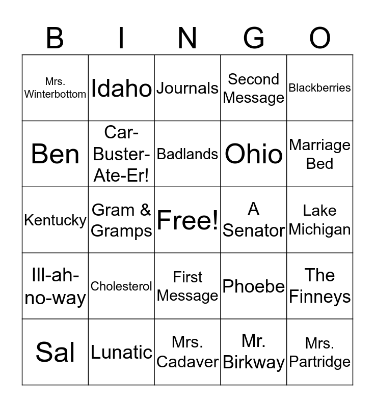 Walk Two Moons Bingo Card