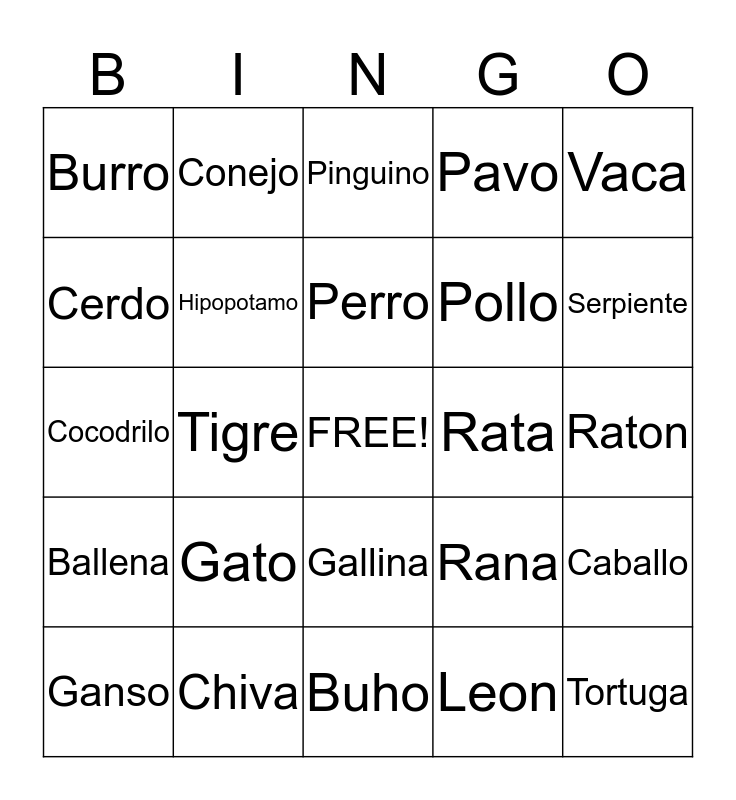Bilingual Bingo Card