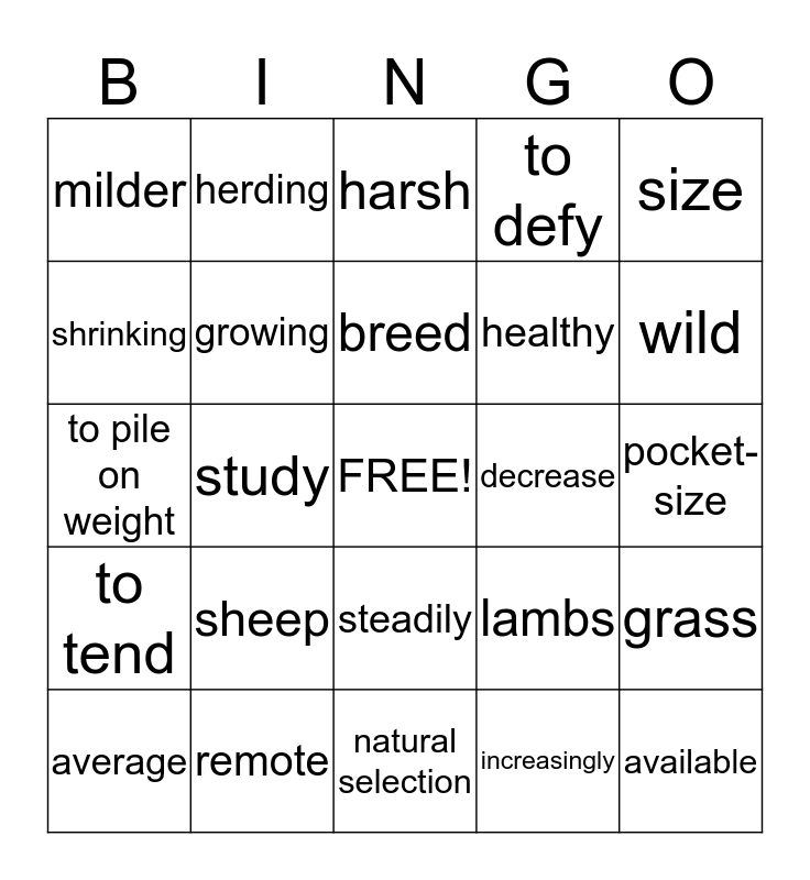 Shrinking sheep defy natural selection: vocabulary!! Bingo Card