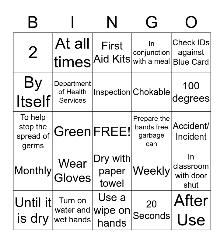 Hand Washing, Diapering, Health & Safety Bingo Card