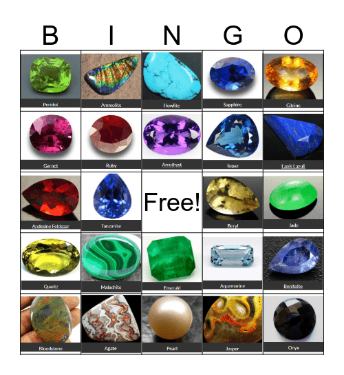 Gems and Minerals Bingo Card