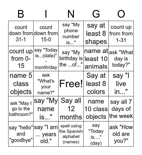 I Can in Spanish Bingo Card I Can in Spanish Bingo Card
