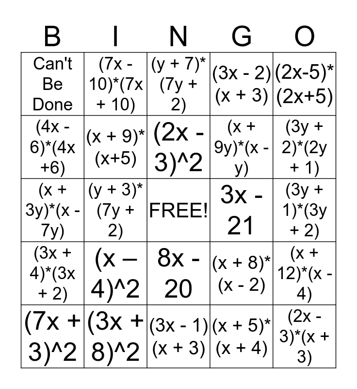 Factoring Bingo Card