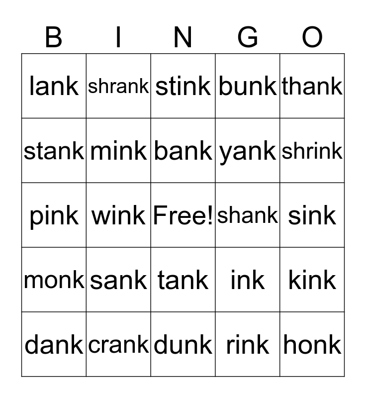Words Ending In Nk Bingo Card Words Ending In Nk Bingo Card