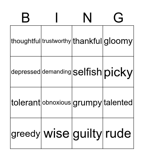 Character Traits Bingo Card