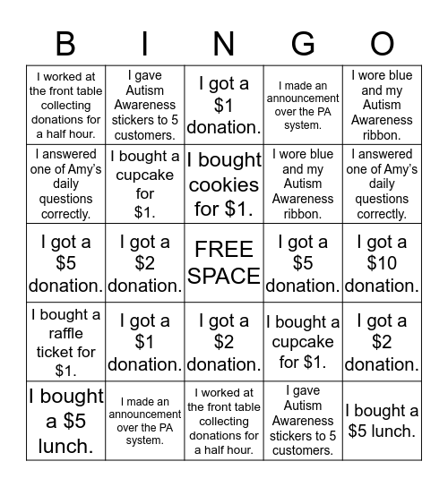 Autism Awareness Week 2 Bingo Card