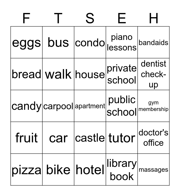 Needs vs. Wants Bingo Card