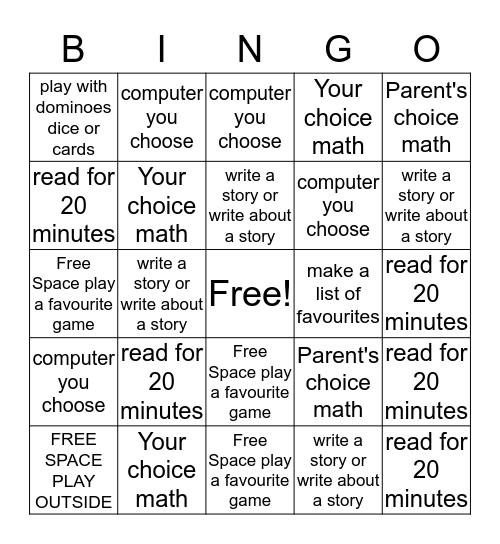 Homework Bingo! Bingo Card
