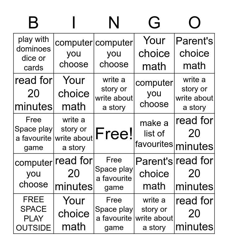 Homework Bingo! Bingo Card