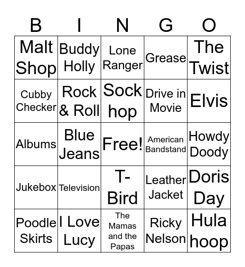 1950's Bingo Card