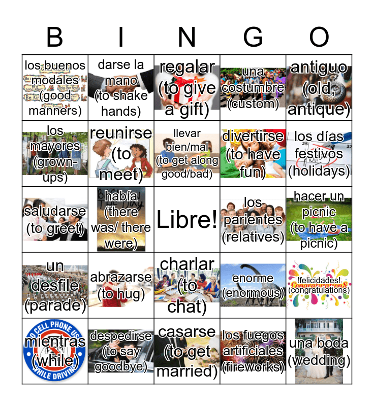 Spanish Vocab 4B Bingo #1 Bingo Card