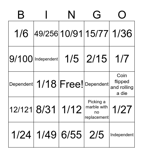 Probability Bingo Card