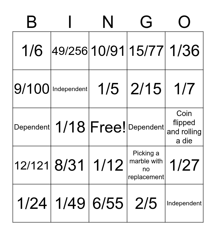 Probability Bingo Card