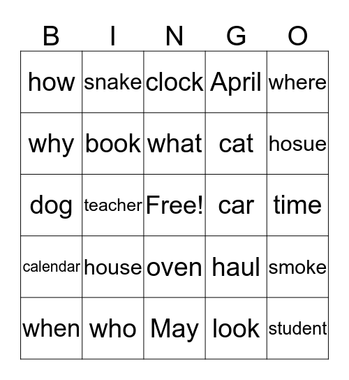 question words Bingo Card