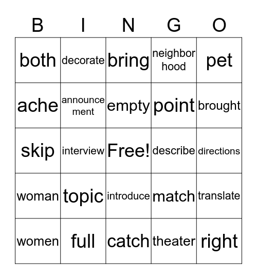 Word wall words Bingo Card