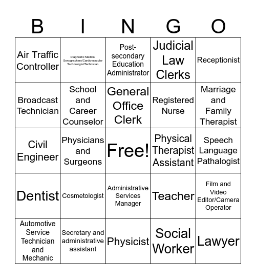 Career Exploration Bingo Card