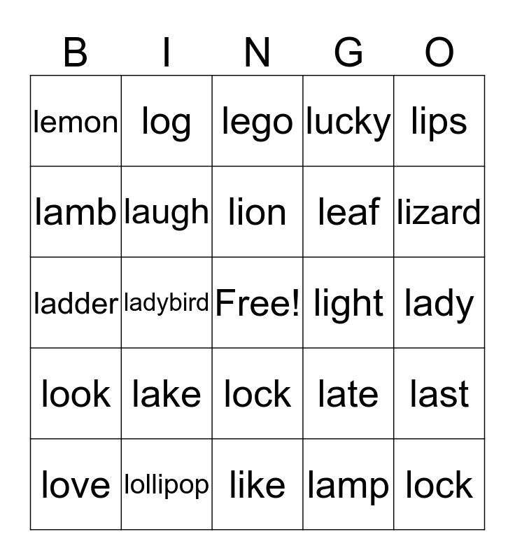 L words Bingo Card